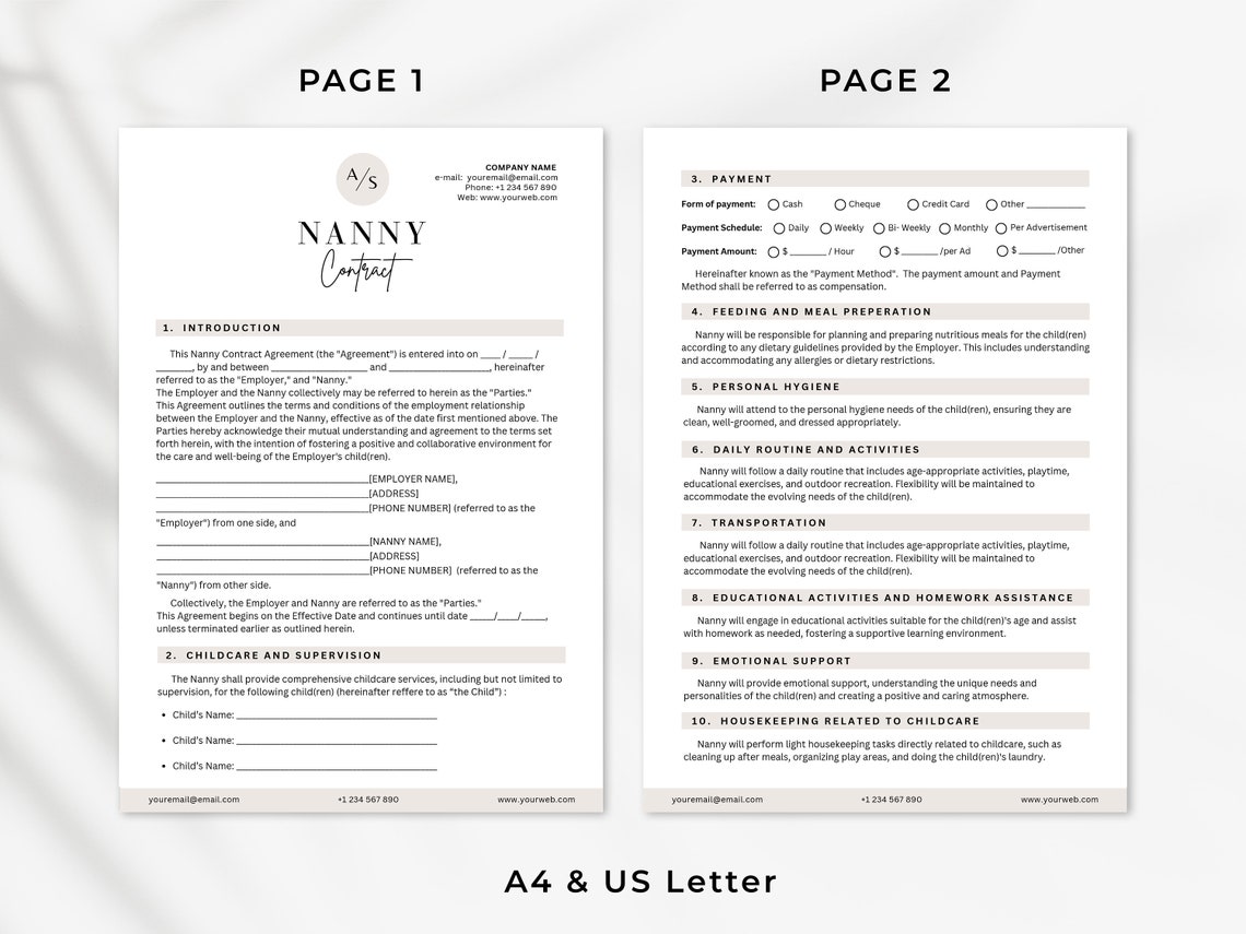 Editable Nanny Agreement Template, Babysitter Agreement, Childcare ...