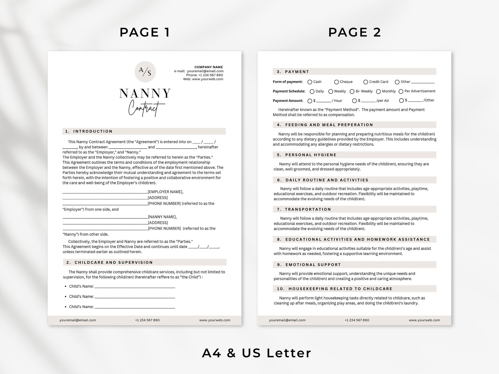 Editable Nanny Agreement Template, Babysitter Agreement, Childcare ...