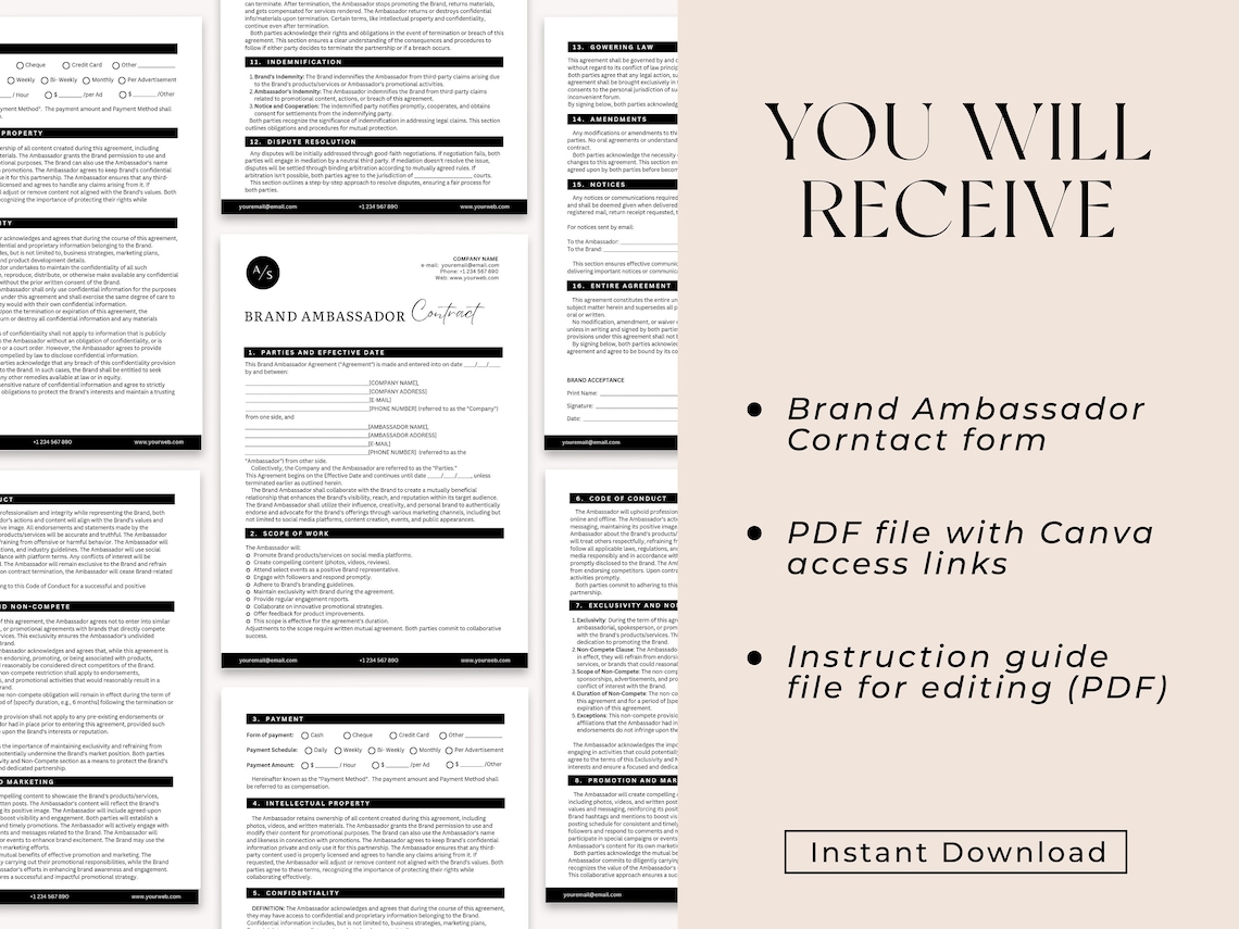Editable Influencer Agreement Template, Brand Ambassador Contract Form ...