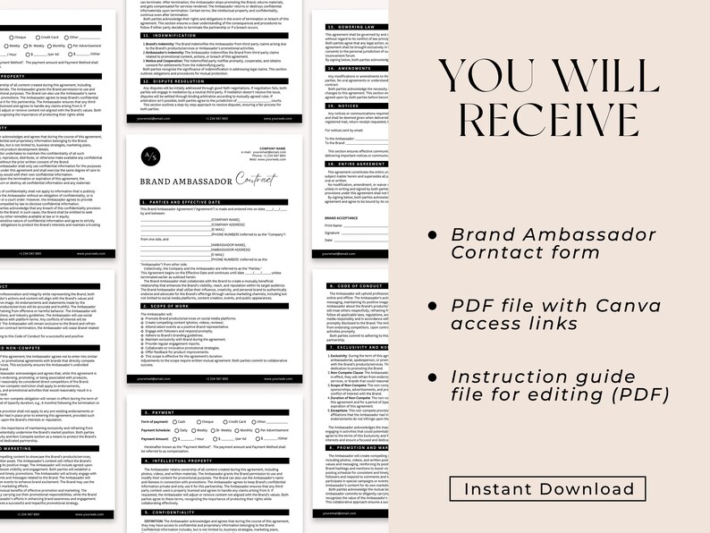 Editable Influencer Agreement Template, Brand Ambassador Contract Form ...