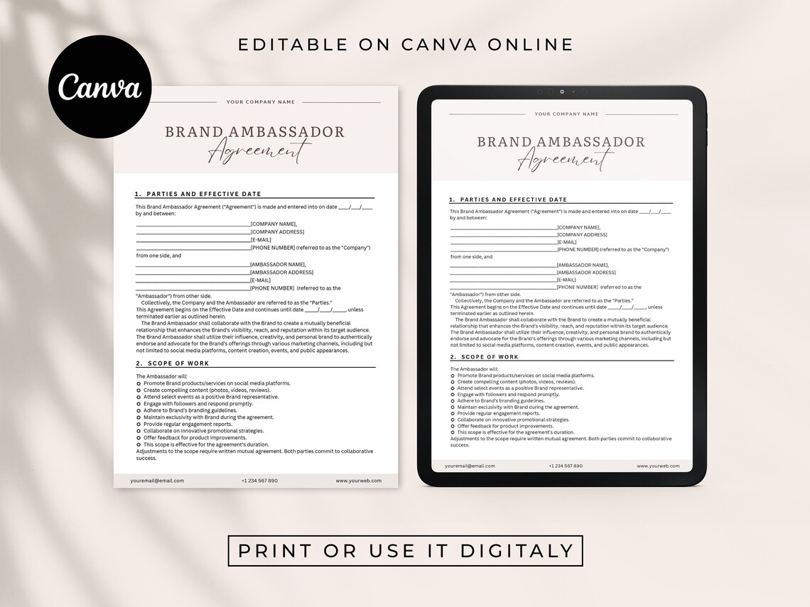 Professional Influencer Contract Template, Brand Ambassador Contract ...