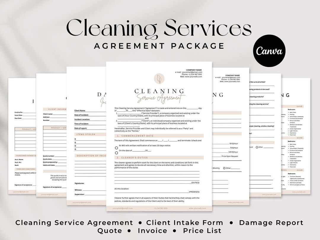 Cleaning Service Agreement BUNDLE | 6 Editable Cleaning Business Forms | Agreement Contract ...