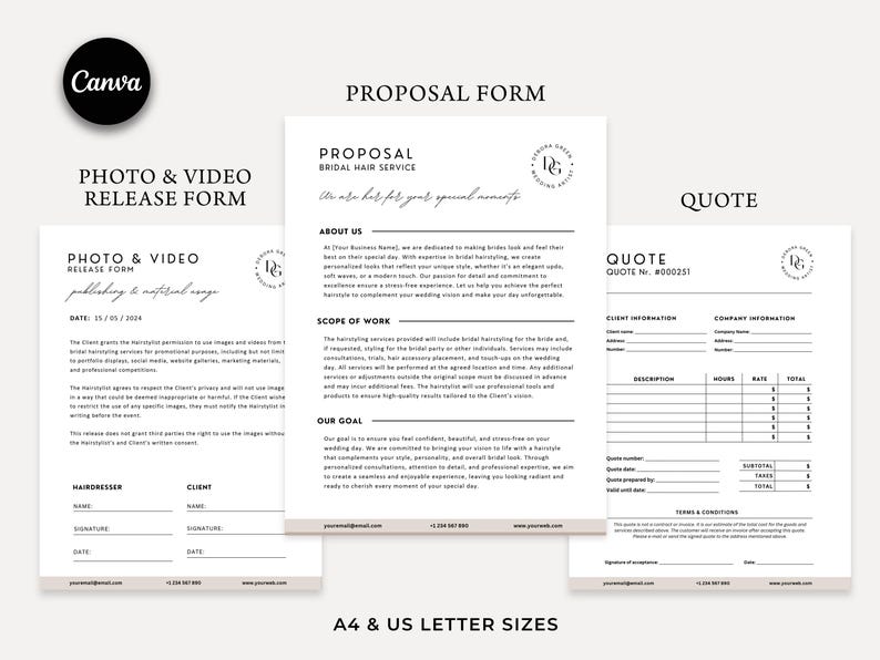 Editable Bridal Hair Contract Template Package, Bridal Hairstylist ...