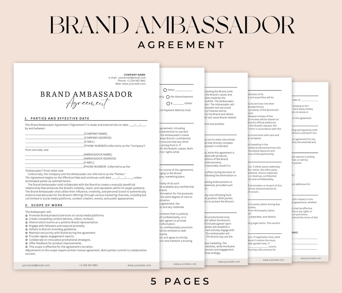 Brand Ambassador Agreement Form, Editable Influencer Contract Template ...