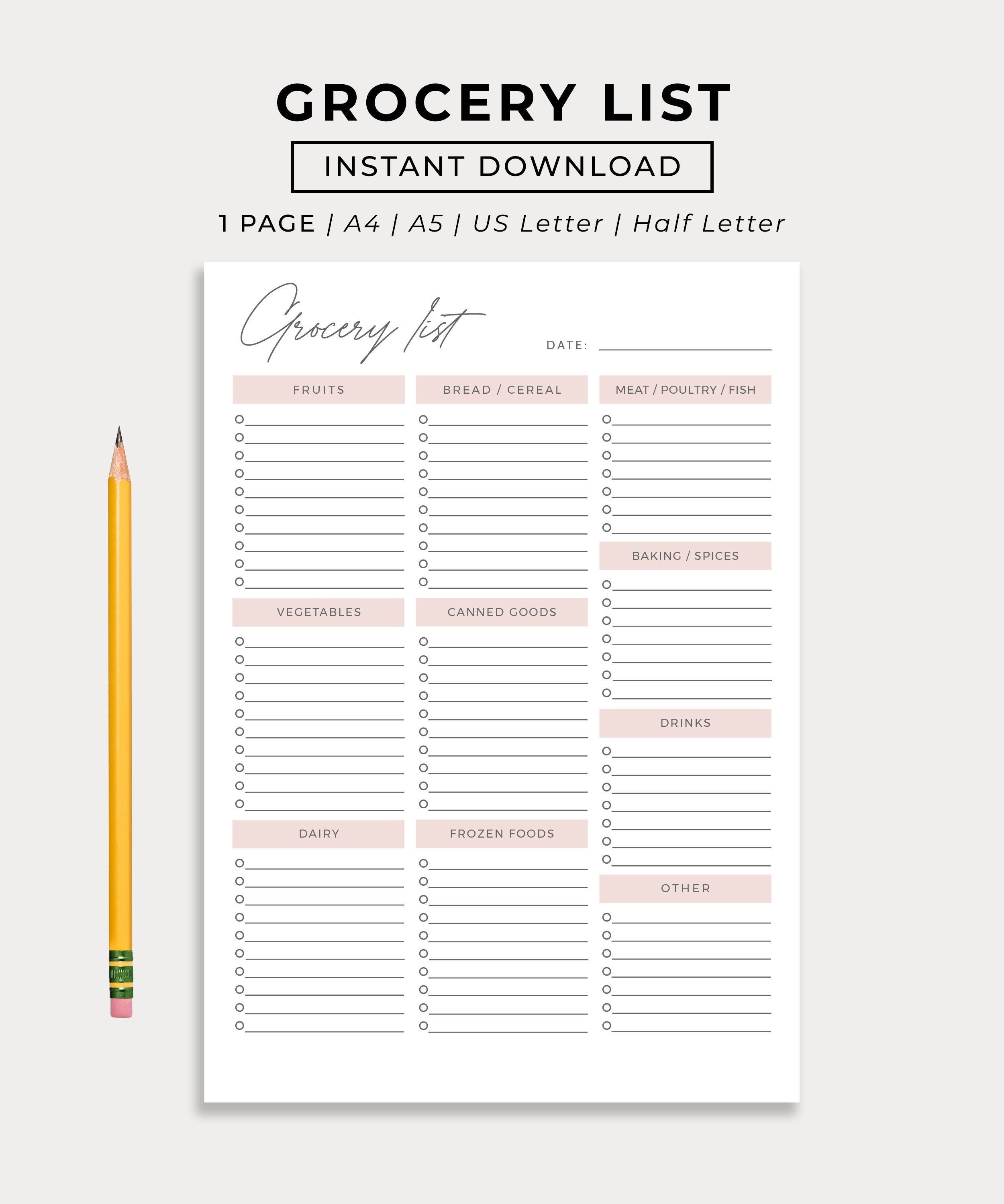 Printable Grocery List Template, Grocery Planner, Food Shopping List ...