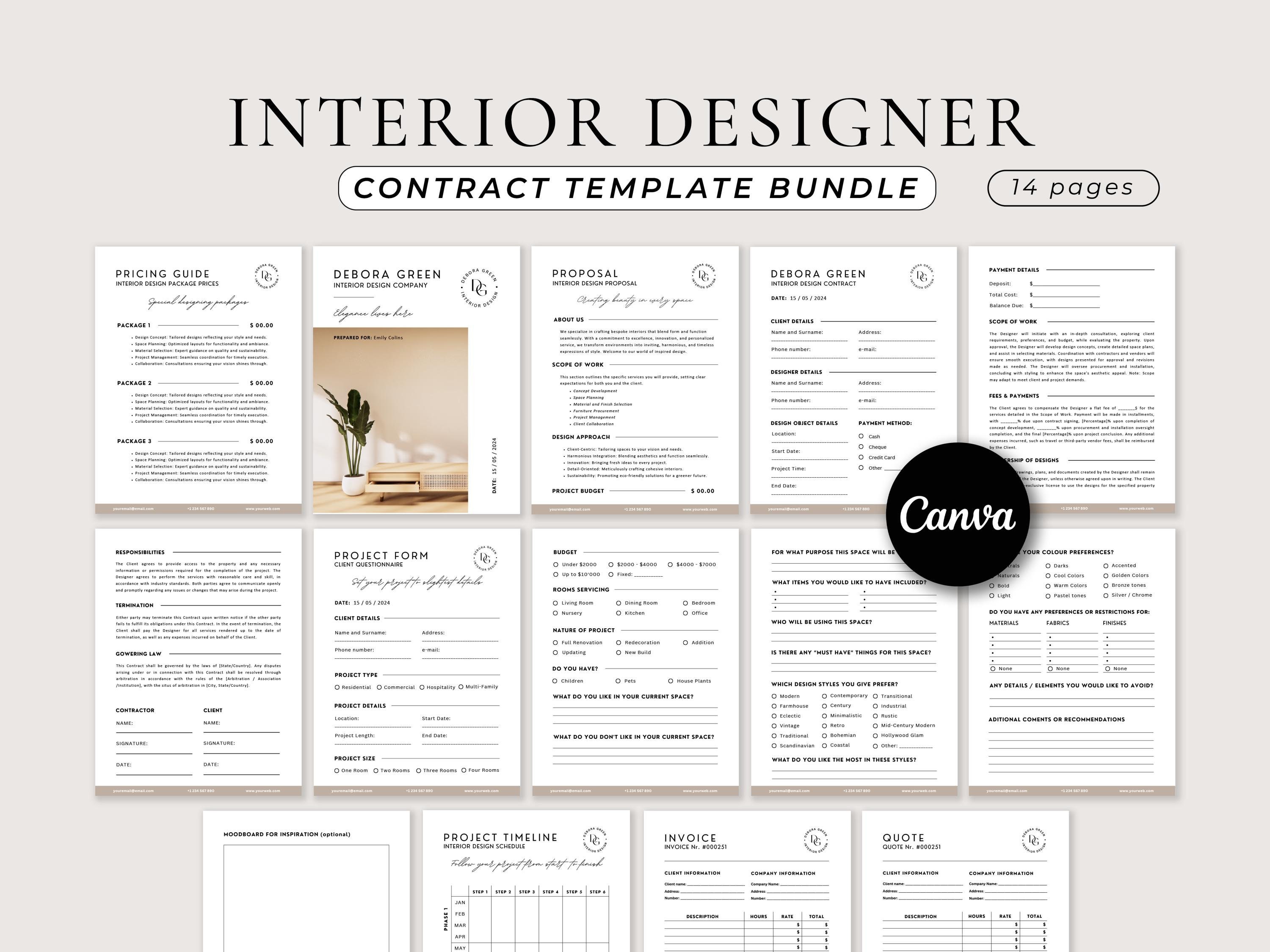 Interior Designer Client Contract, 14 Pages, Interior Design Services ...