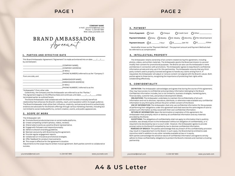 Brand Ambassador Agreement Form, Editable Influencer Contract Template ...