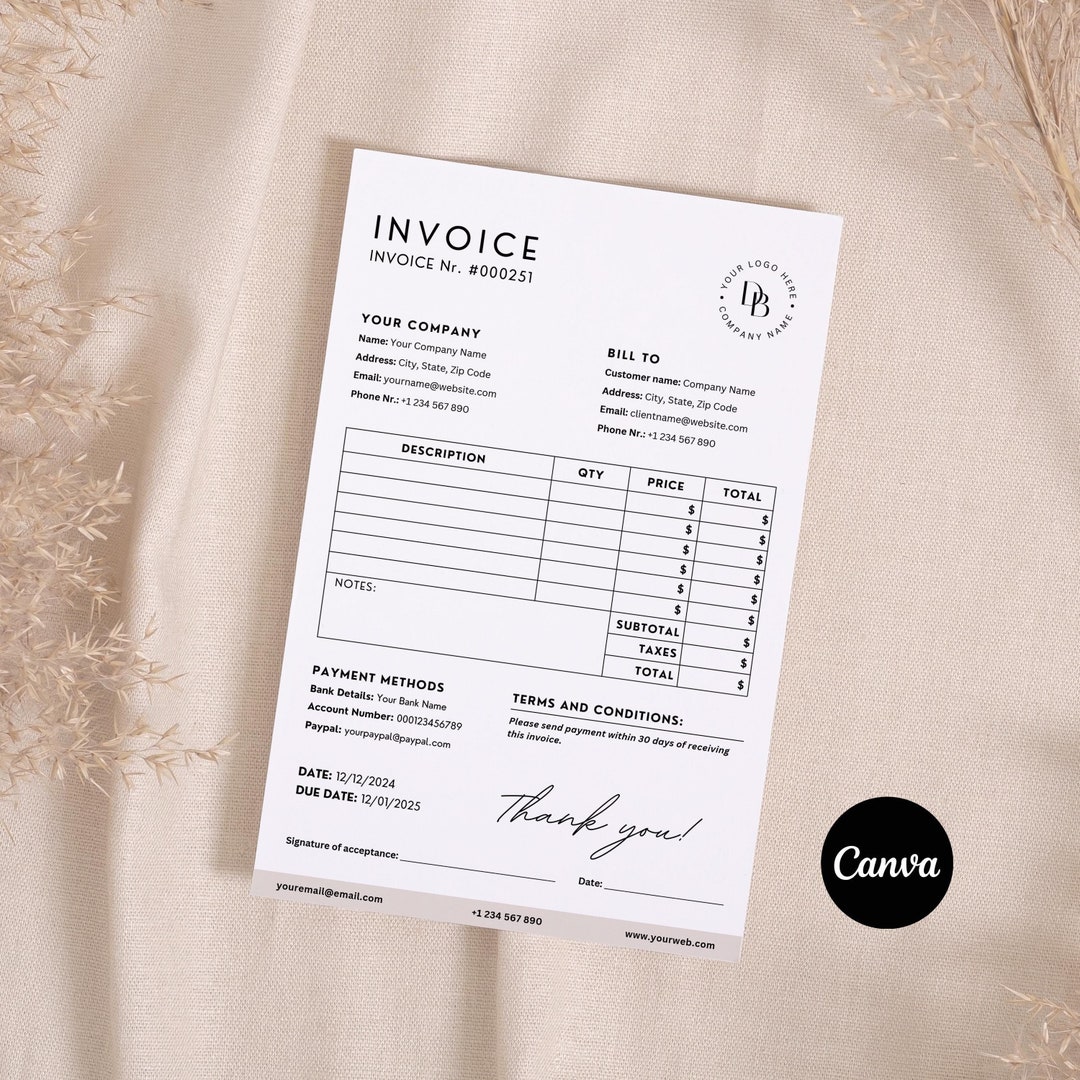 Minimalist Invoice Template Canva, Small Business Invoice Editable ...