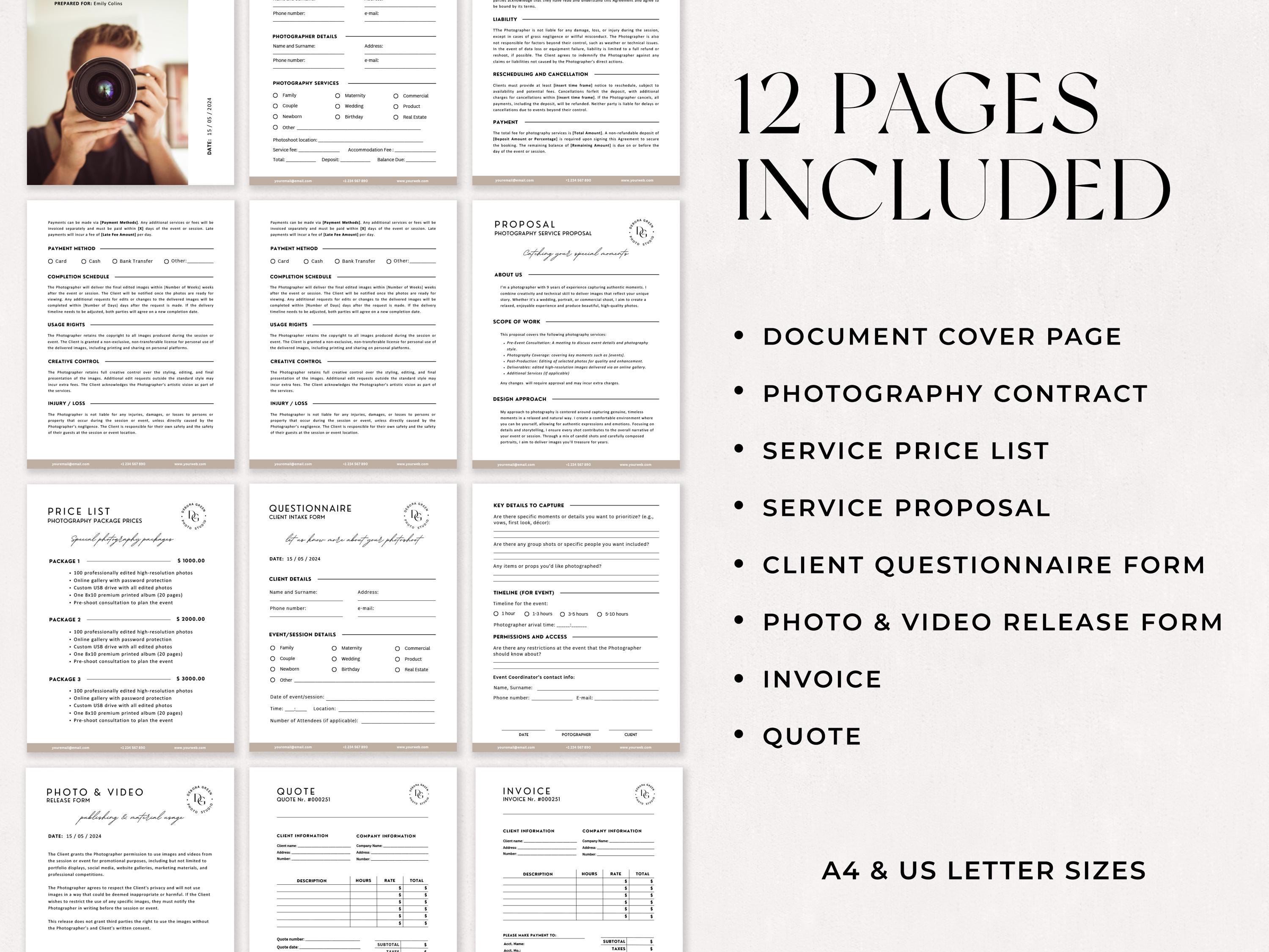 Photography Agreement Template Package, Photography Contract Forms ...