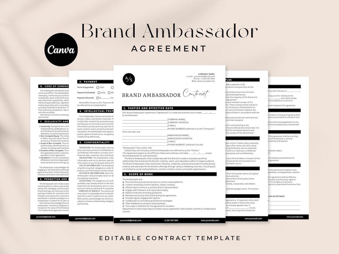 Editable Influencer Agreement Template, Brand Ambassador Contract Form ...