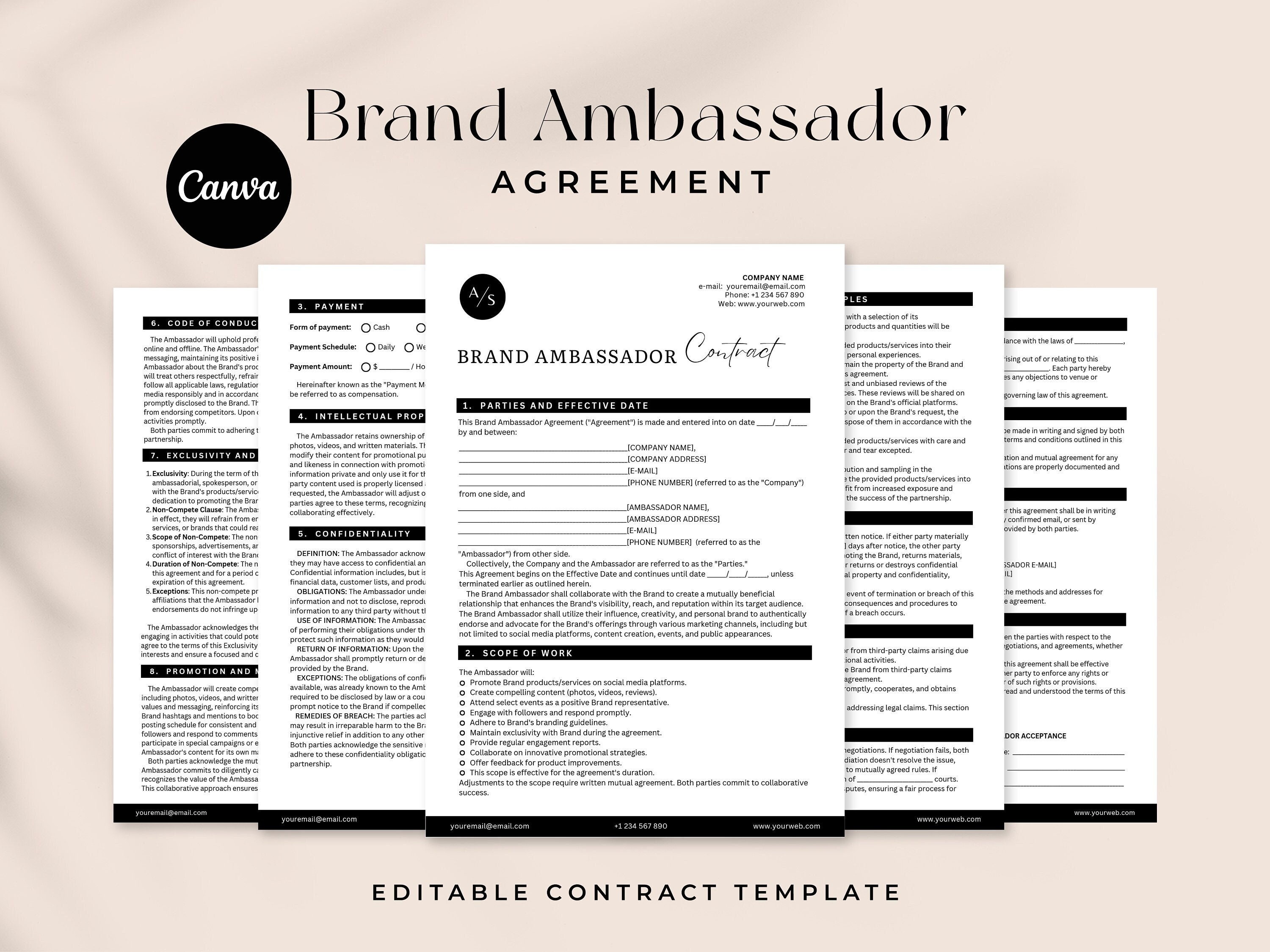 Editable Influencer Agreement Template, Brand Ambassador Contract Form ...