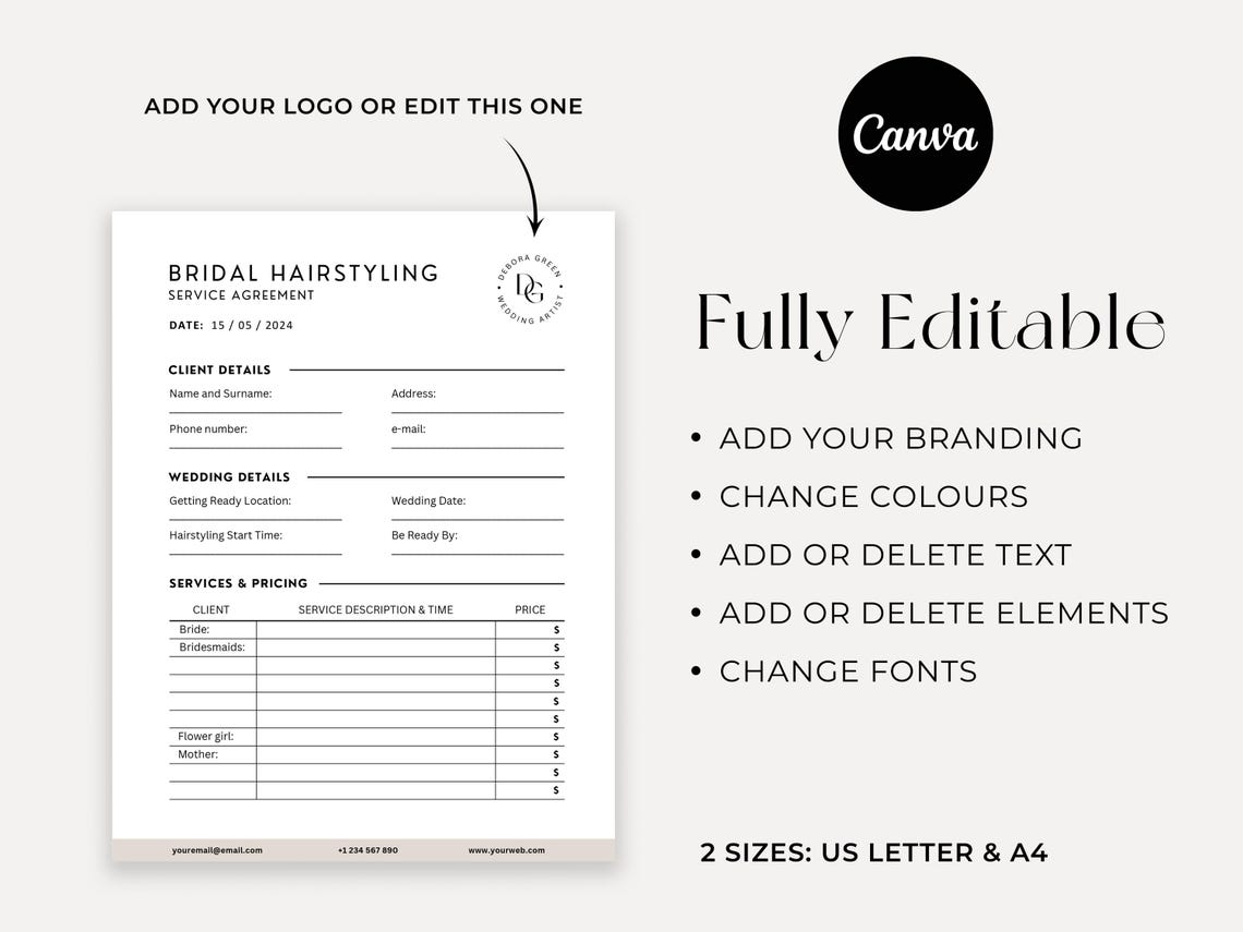 Editable Bridal Hair Contract Template Package, Bridal Hairstylist ...