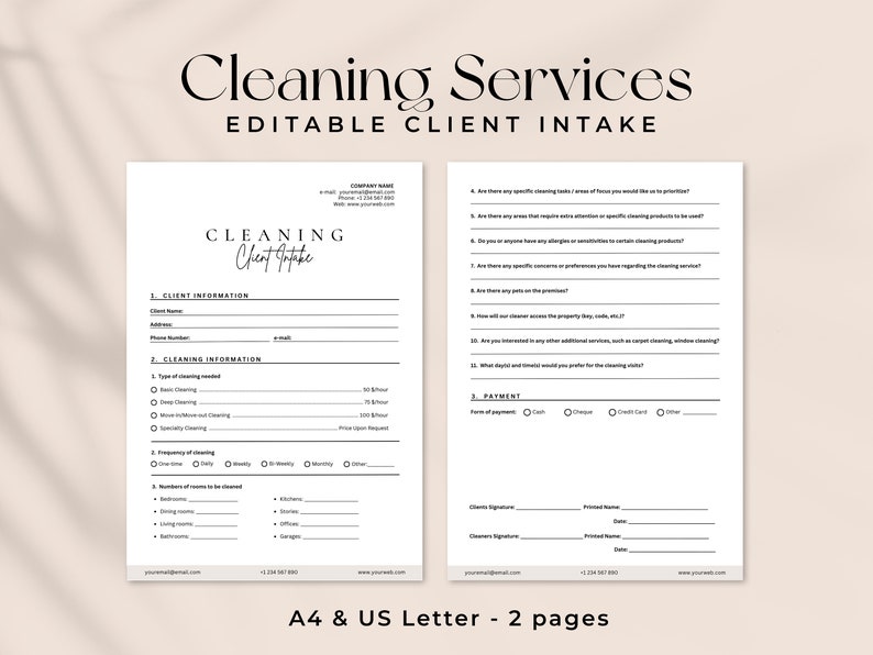 Cleaning Services BUNDLE, 6 Editable Cleaning Business Forms, Agreement Contract, Client Intake ...