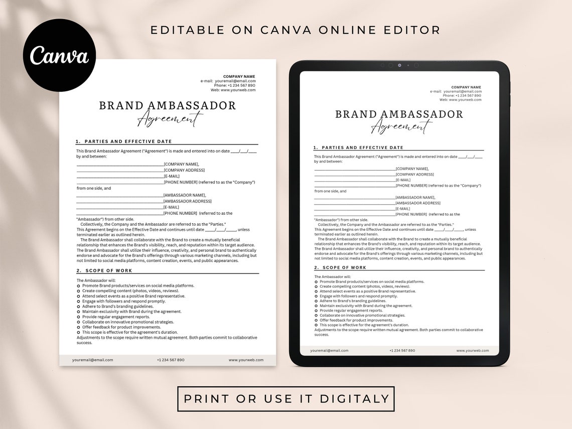 Brand Ambassador Agreement Form, Editable Influencer Contract Template ...