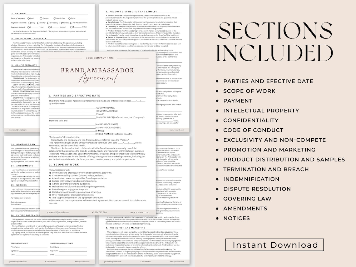 Professional Influencer Contract Template, Brand Ambassador Contract ...