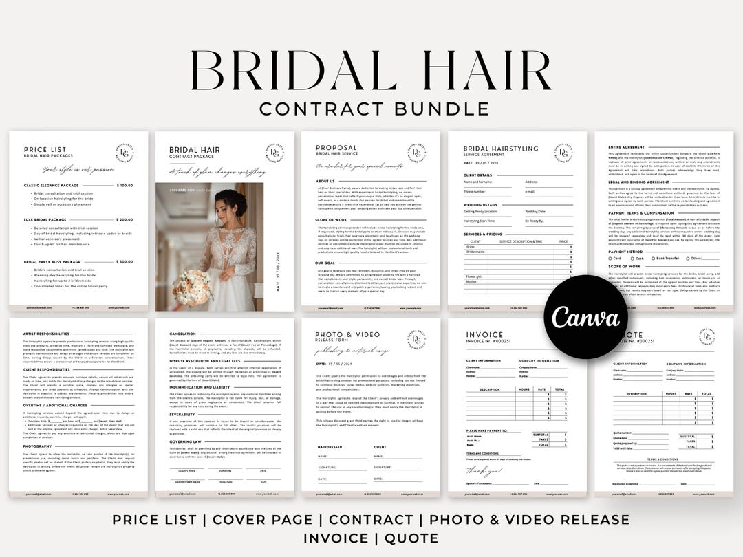 Editable Bridal Hair Contract Template Package, Bridal Hairstylist ...