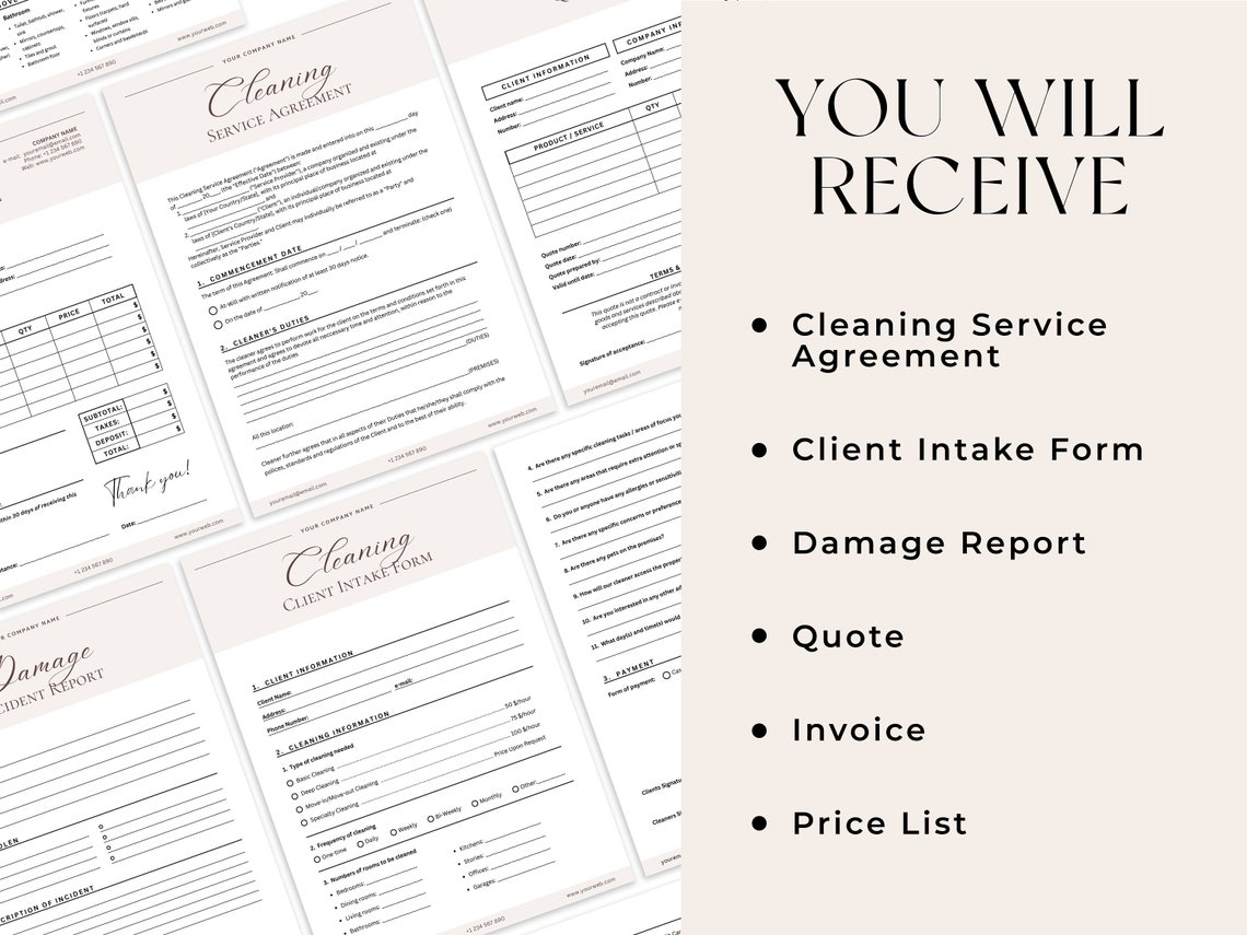Cleaning Services BUNDLE, 6 Editable Cleaning Business Forms, Agreement Contract, Client Intake ...