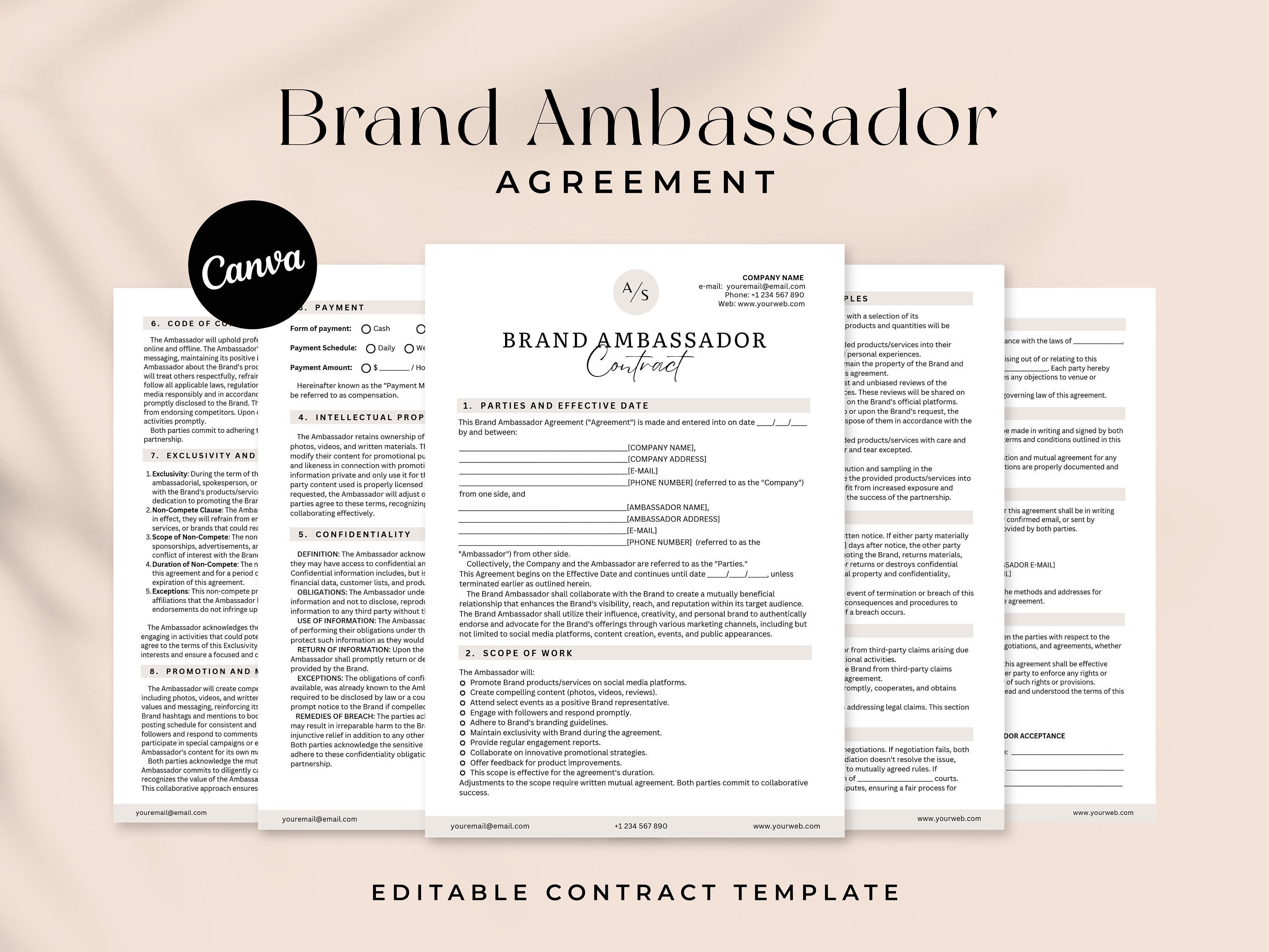 Editable Influencer Contract Template, Brand Ambassador Agreement Form ...