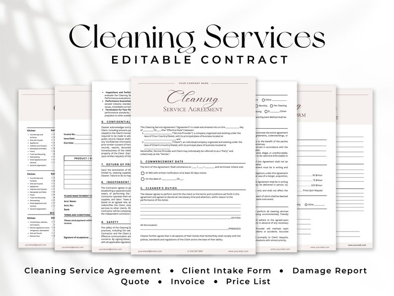 Cleaning Services BUNDLE, 6 Editable Cleaning Business Forms, Agreement Contract, Client Intake ...