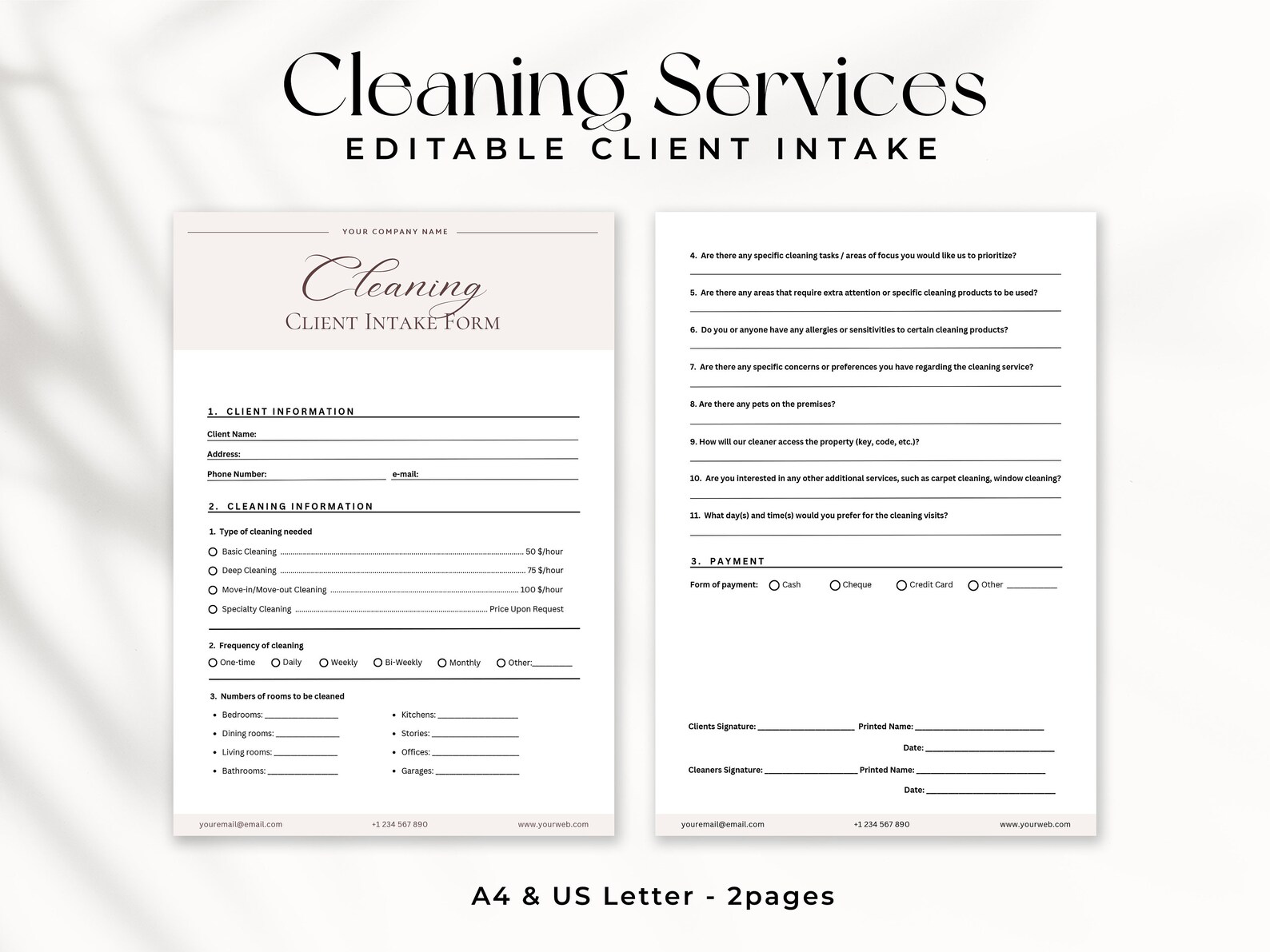 Cleaning Services BUNDLE, 6 Editable Cleaning Business Forms, Agreement Contract, Client Intake ...