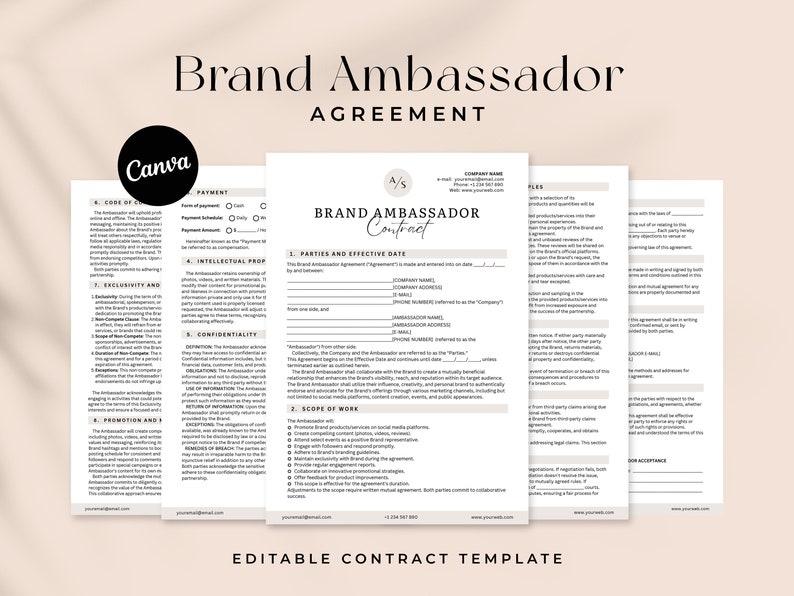 Editable Influencer Contract Template Brand Ambassador - Etsy