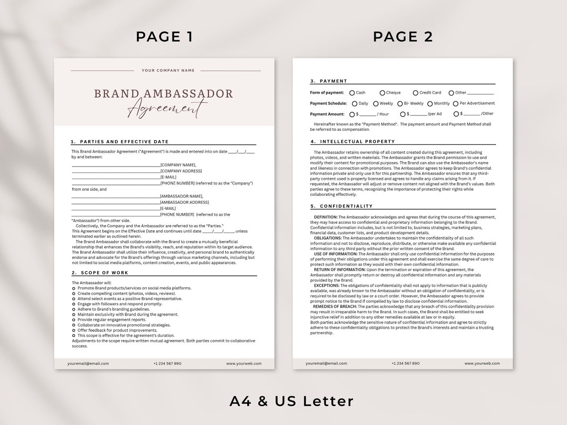 Professional Influencer Contract Template, Brand Ambassador Contract ...