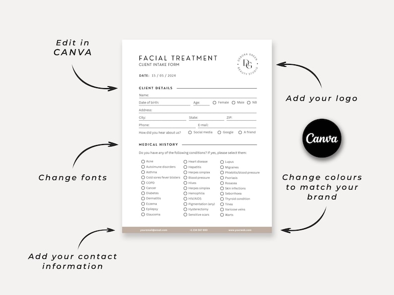Facial Treatment Forms, Editable Esthetician Templates, Printable ...