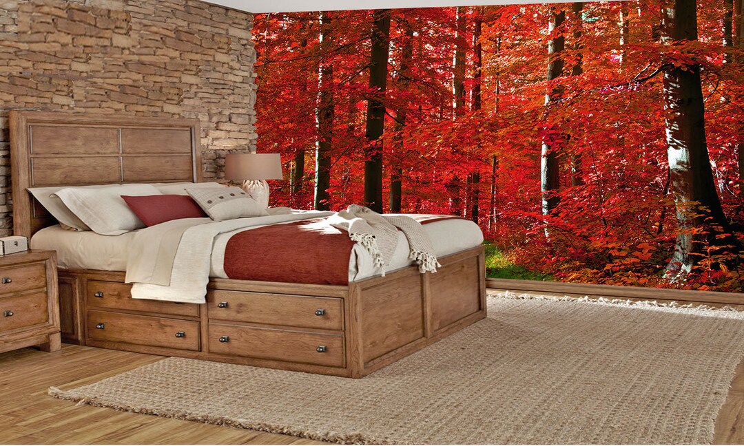 Red Autumn Forest Wall Mural Custom Made Wallpaper for Any - Etsy