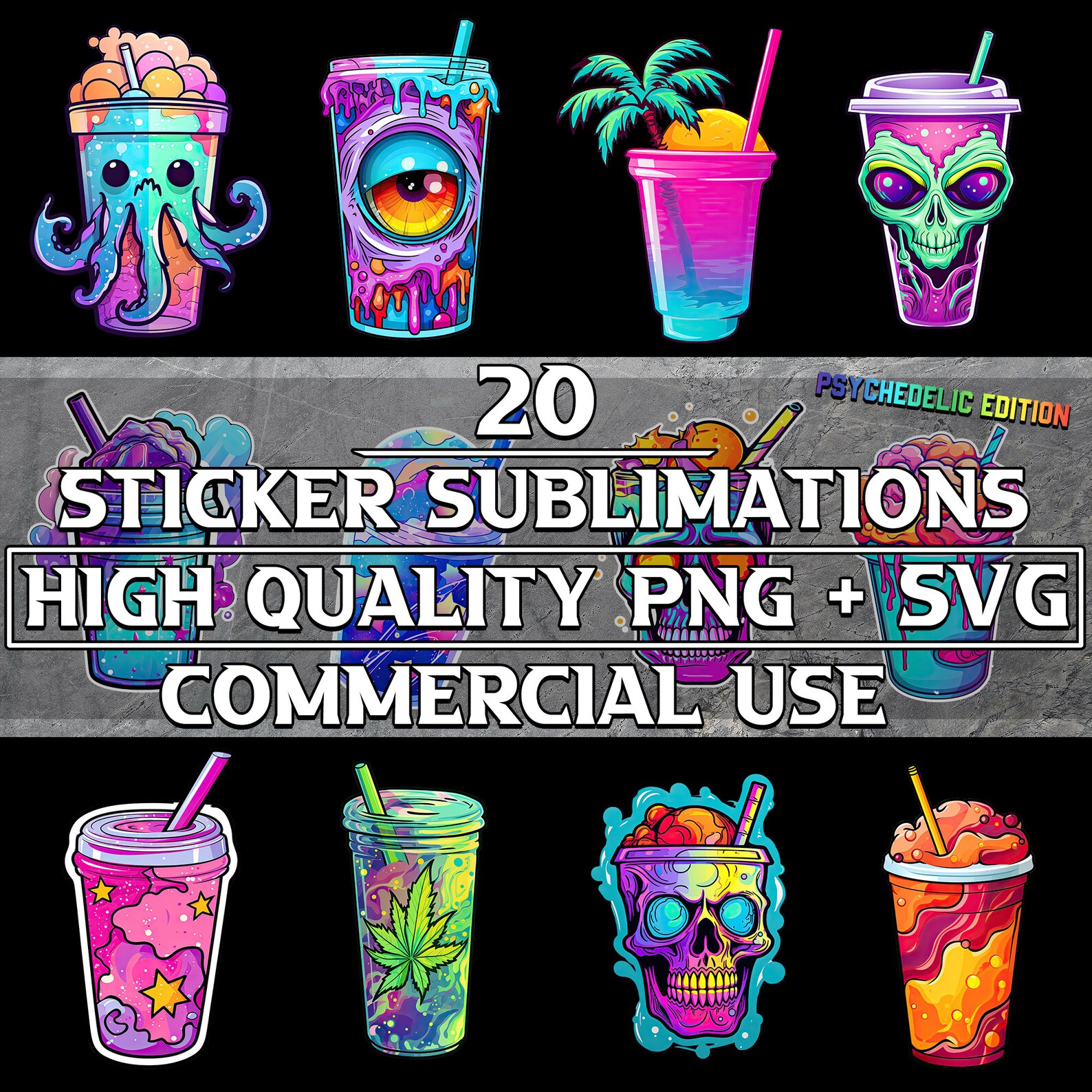 Trippy Drink Digital Sticker Clipart Bundle Download for Commercial Use ...