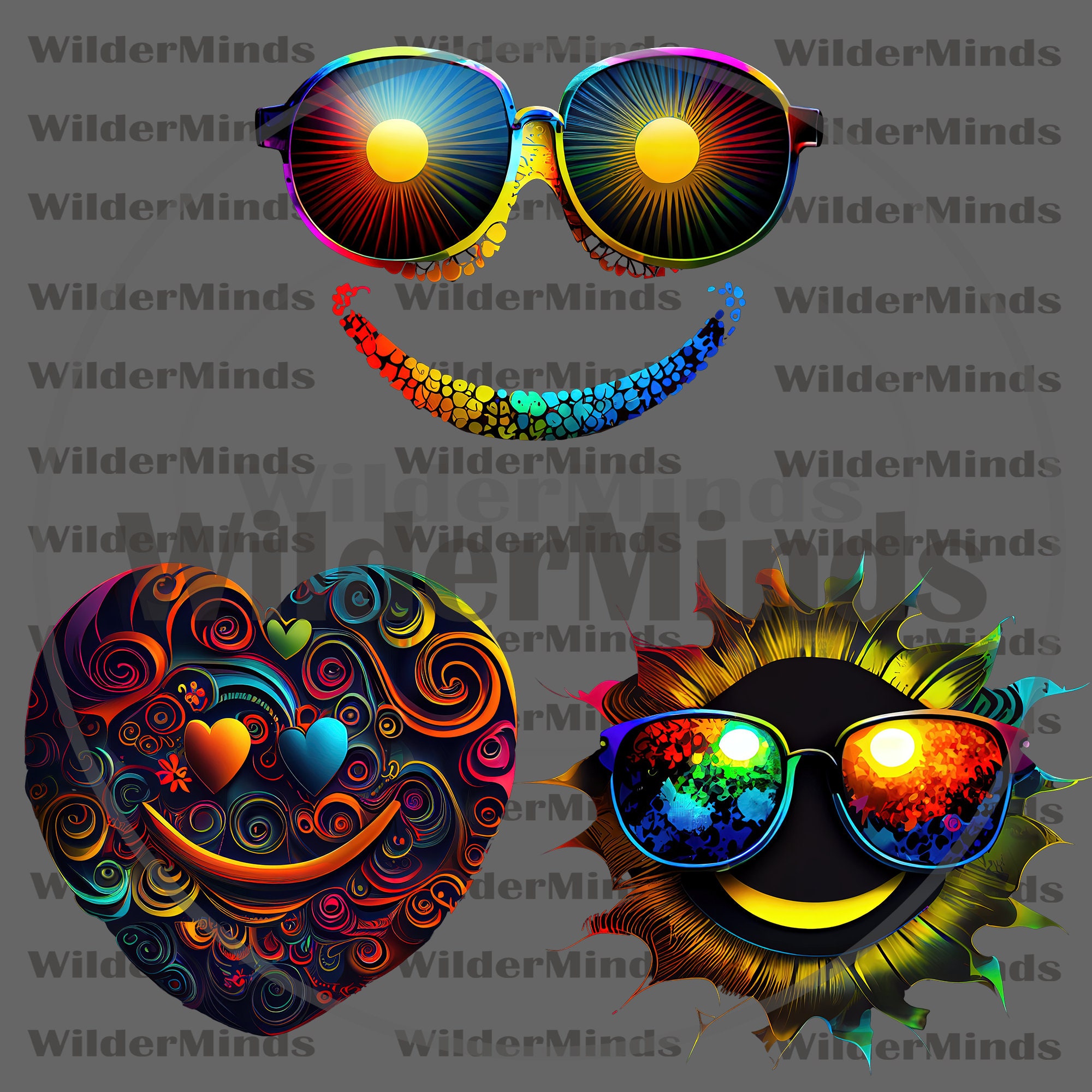 15 Psychedelic Smiley Face Sticker Bundle, Digital Download, PNG ...