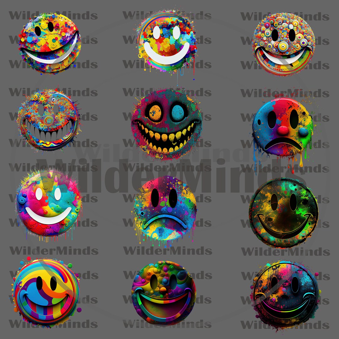 15 Psychedelic Smiley Face Sticker Bundle, Digital Download, PNG ...