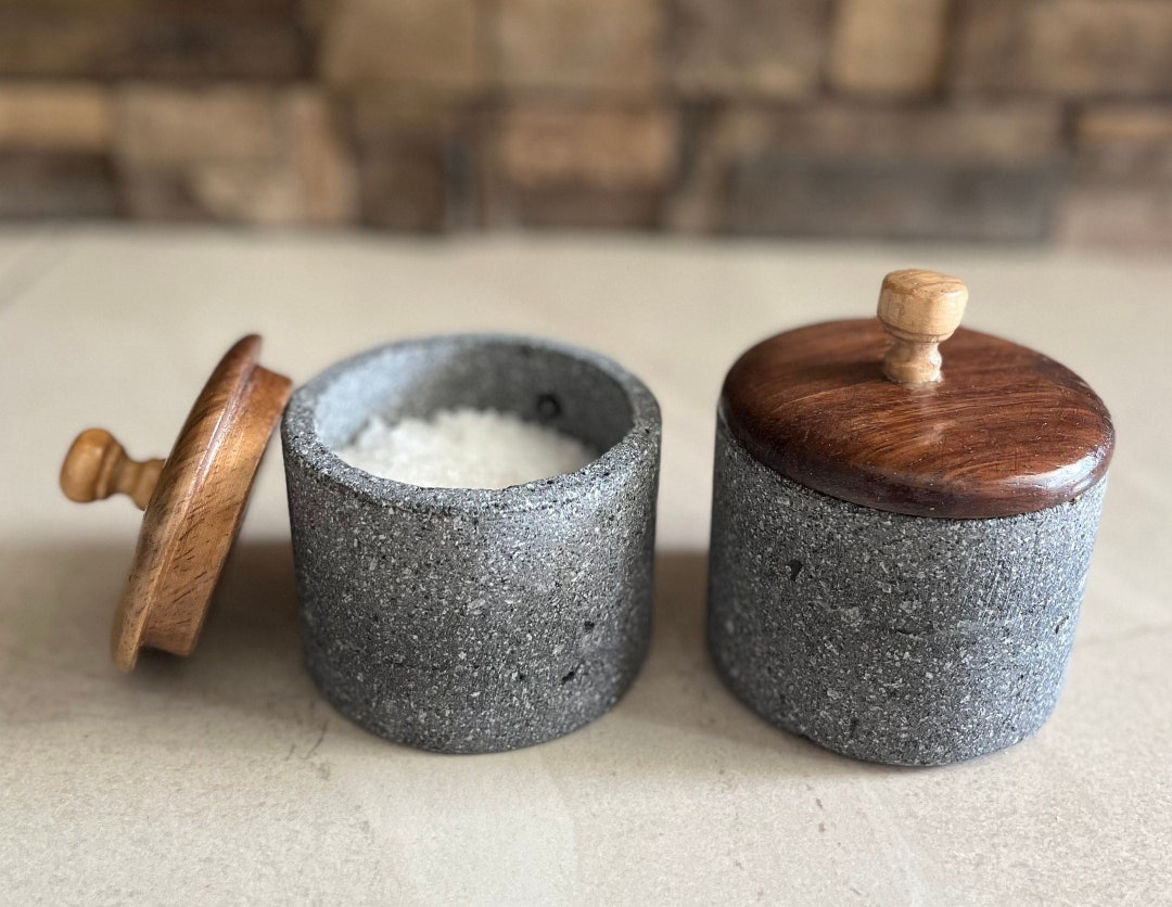 Containers Made of Volcanic Stone With Wooden Tops, Set of 2. Used for ...