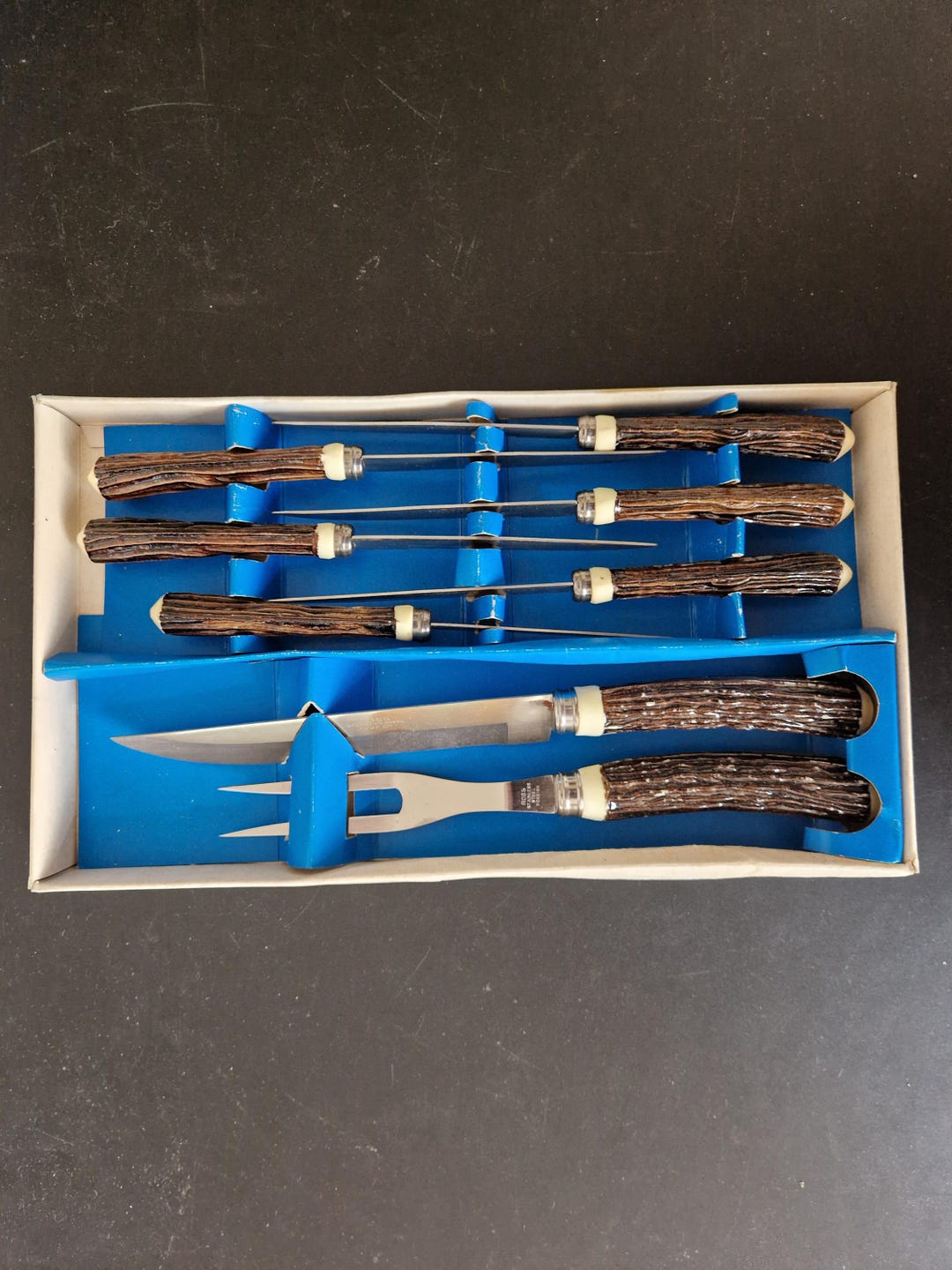 Vintage Boxed Set of Faux Antler Handled Meat Carvers & Steak Knives X ...