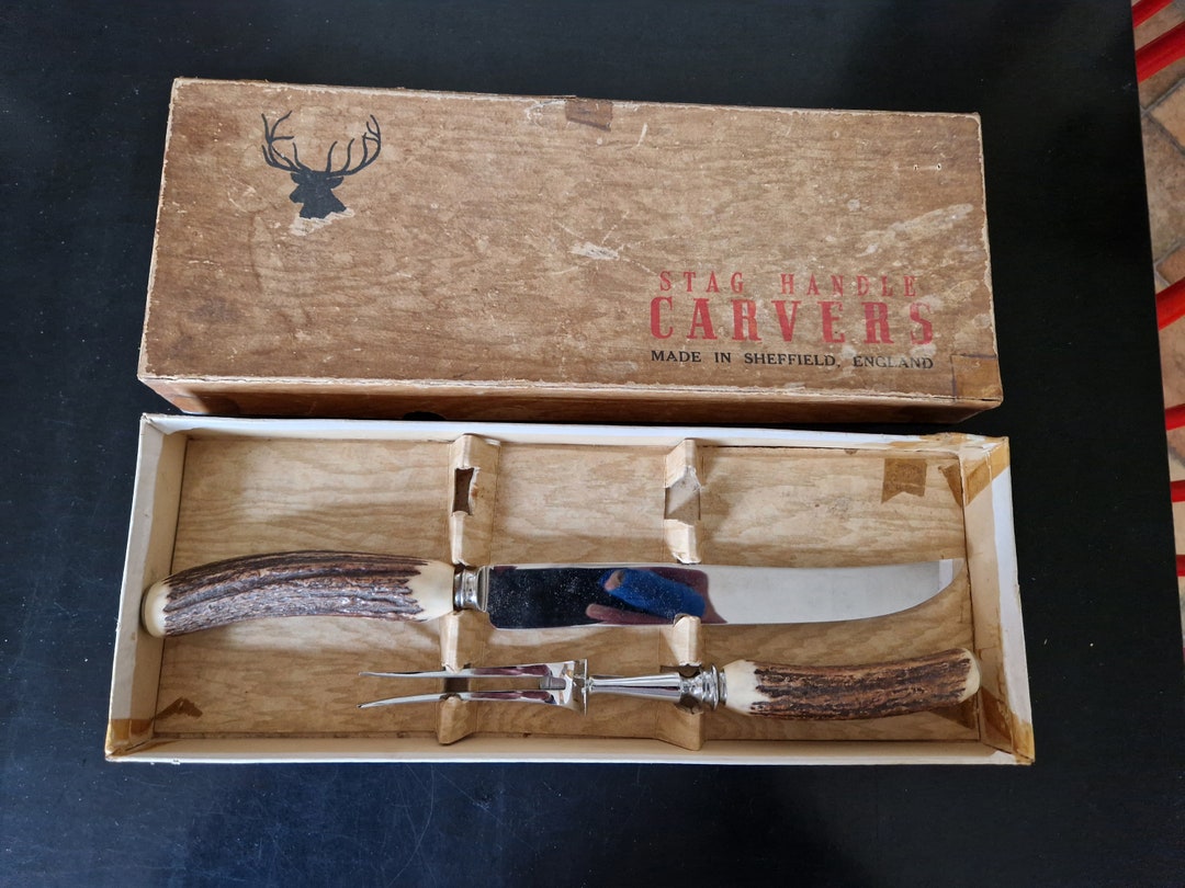 Vintage Boxed Antler Handled Carving Knife and Fork - Etsy
