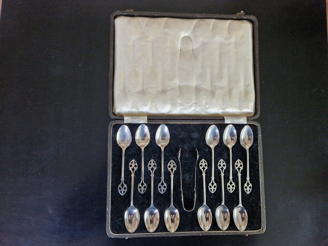 Vintage Boxed Set of Gothic Tea Spoons X 12 & Sugar Tongs - Etsy