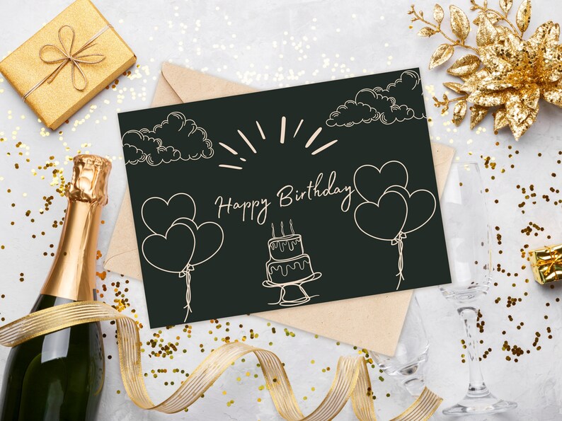 Printable Happy Birthday Card Line Art Cake, Balloons and Sky, Digital ...