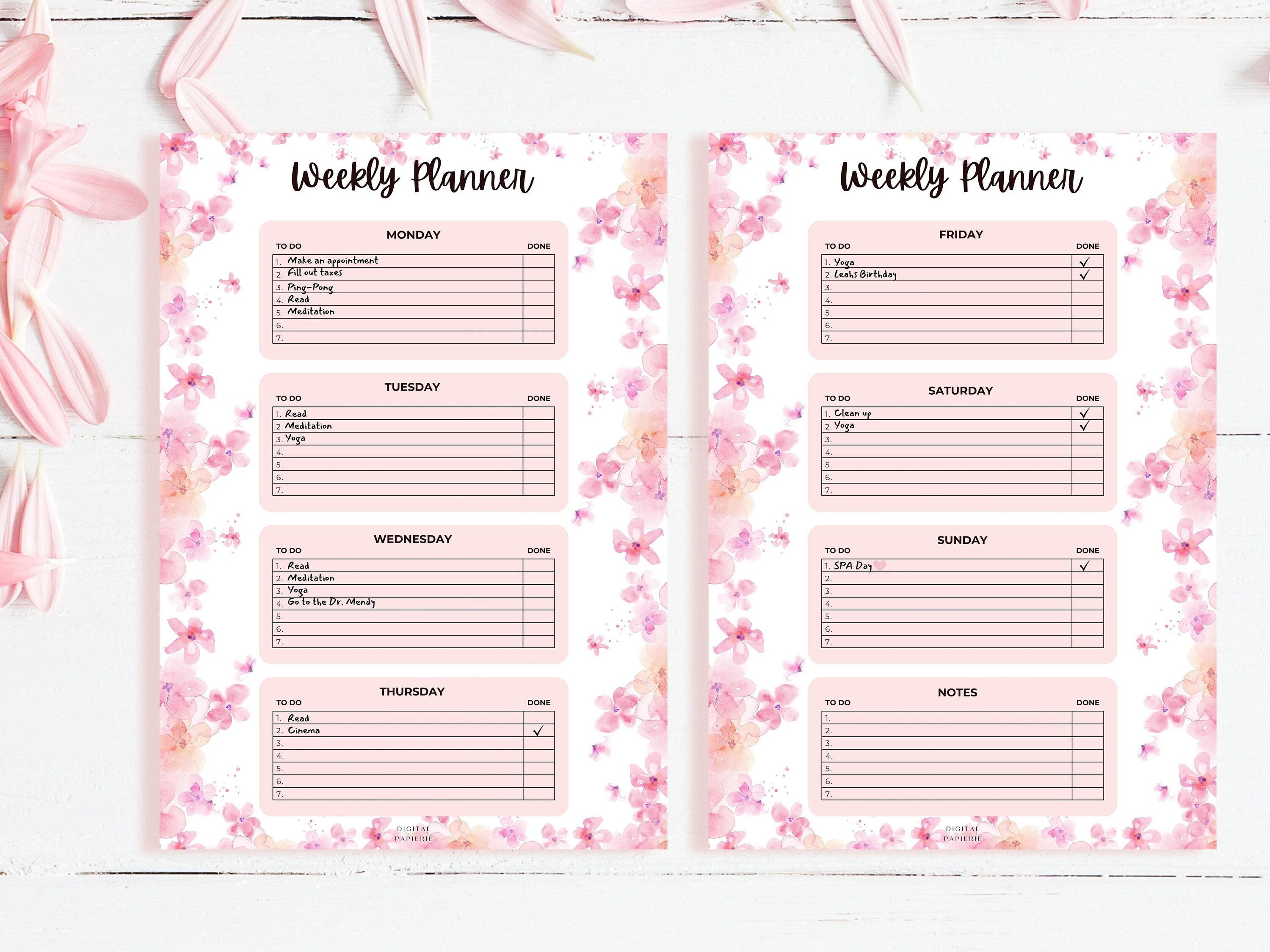 Pink Flowers Border Weekly A4 & Letter Size Schedule/ Task/ to Do ...