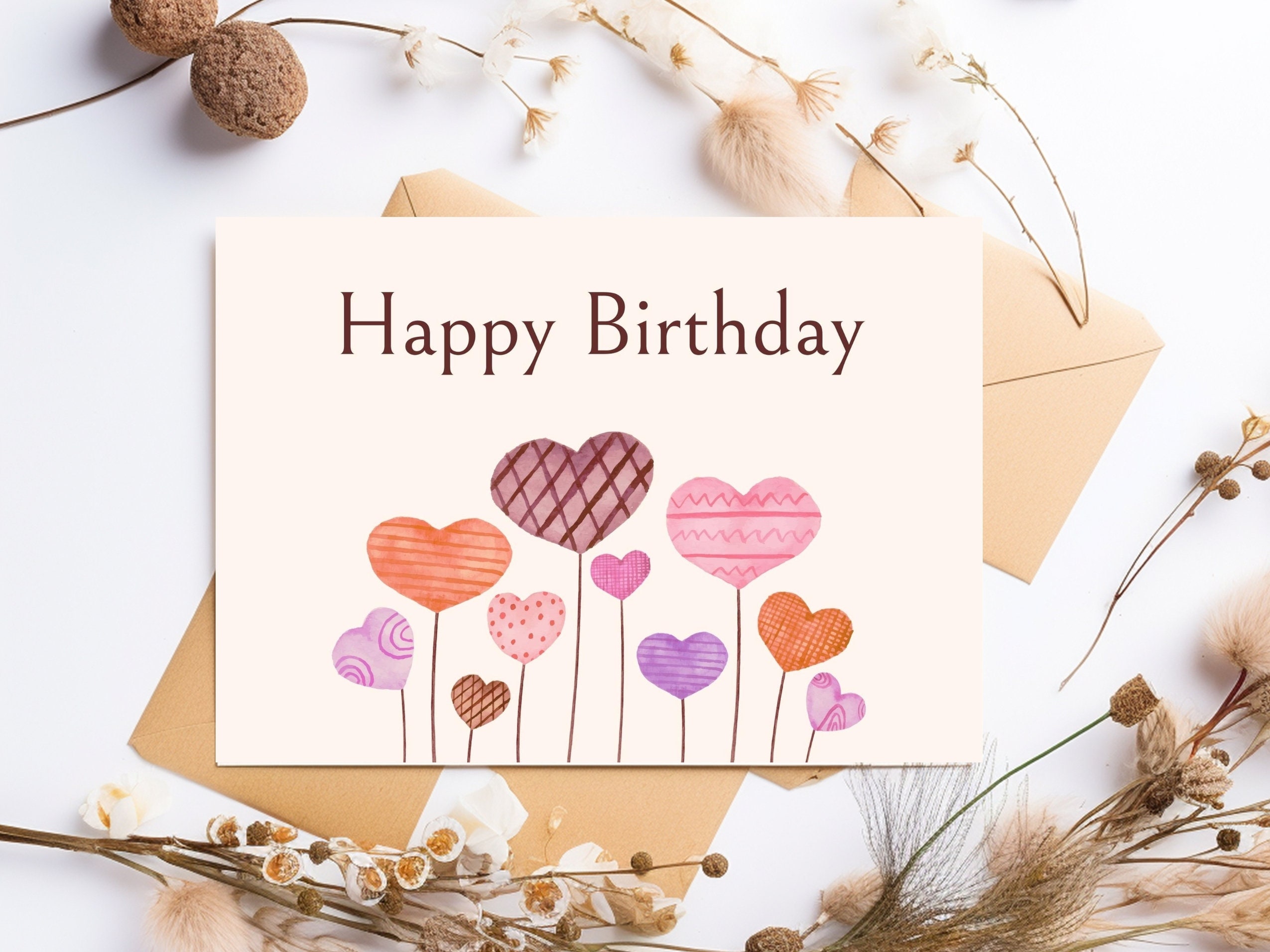 Printable Happy Birthday Card Heart Flowers, Digital Floral Hearts ...