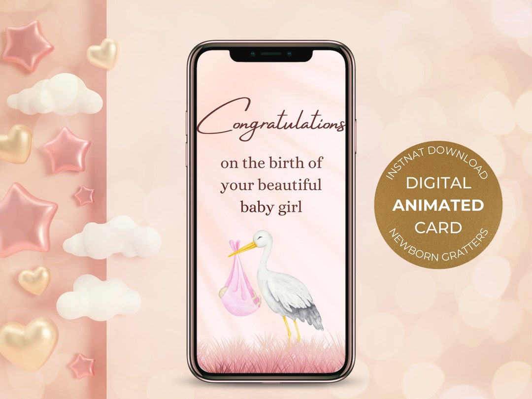 Digital Animated Newborn Baby Girl Birth Greeting With Stork Mobile ...