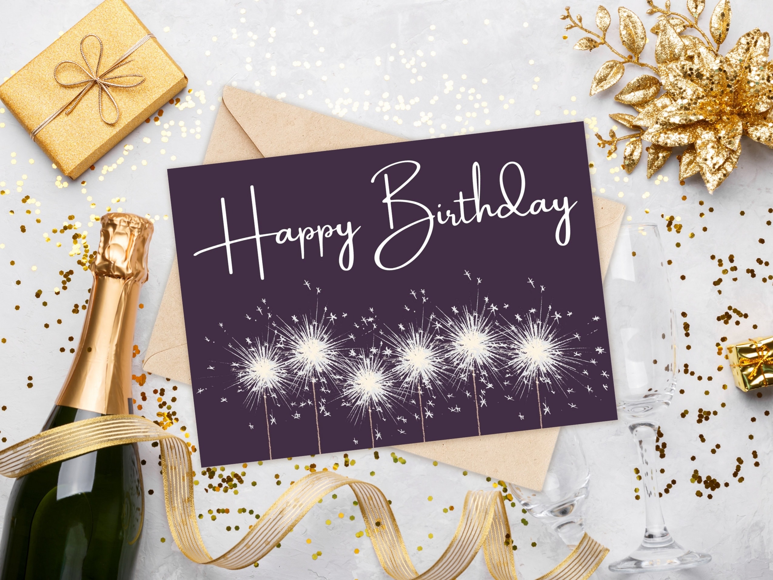 Printable Happy Birthday Card Sparklers, Digital Printable Elegant ...