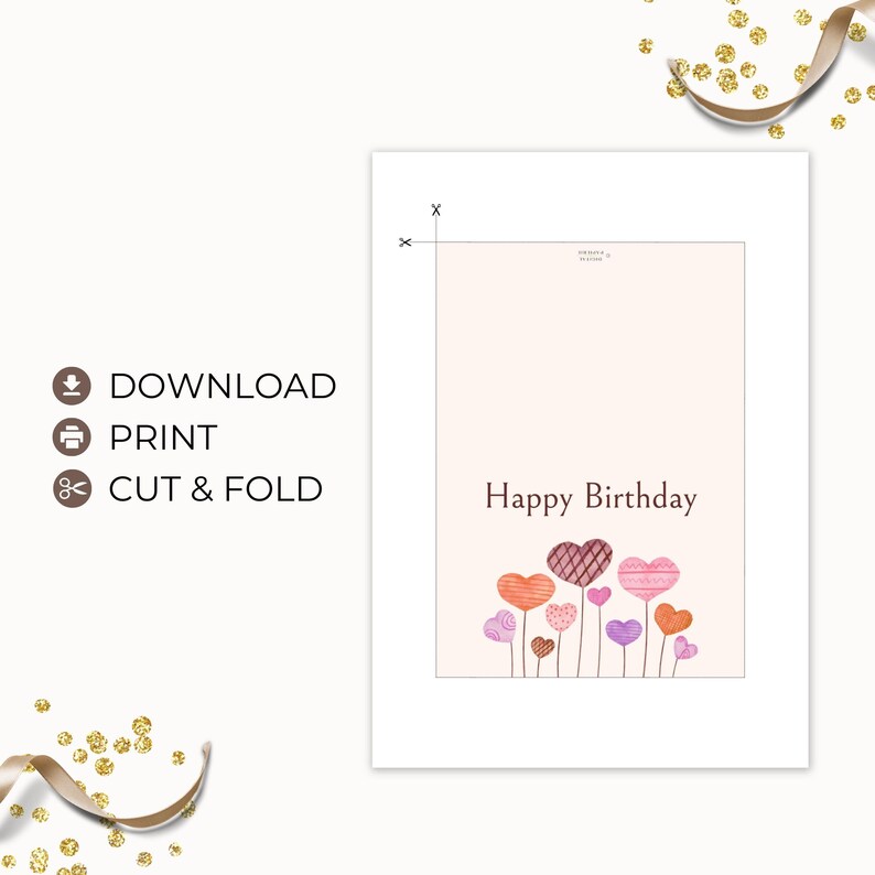 Printable Happy Birthday Card Heart Flowers, Digital Floral Hearts ...