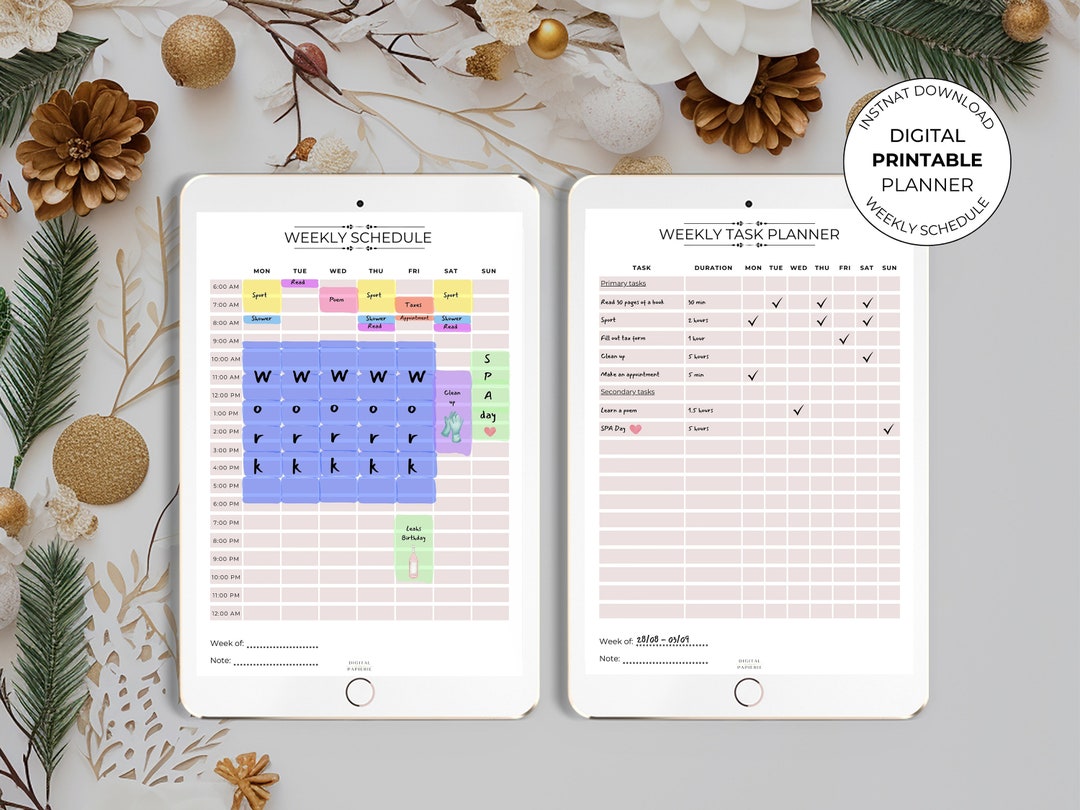 Hourly Weekly A4 & Letter Size Schedule and Task Digital Planner With ...