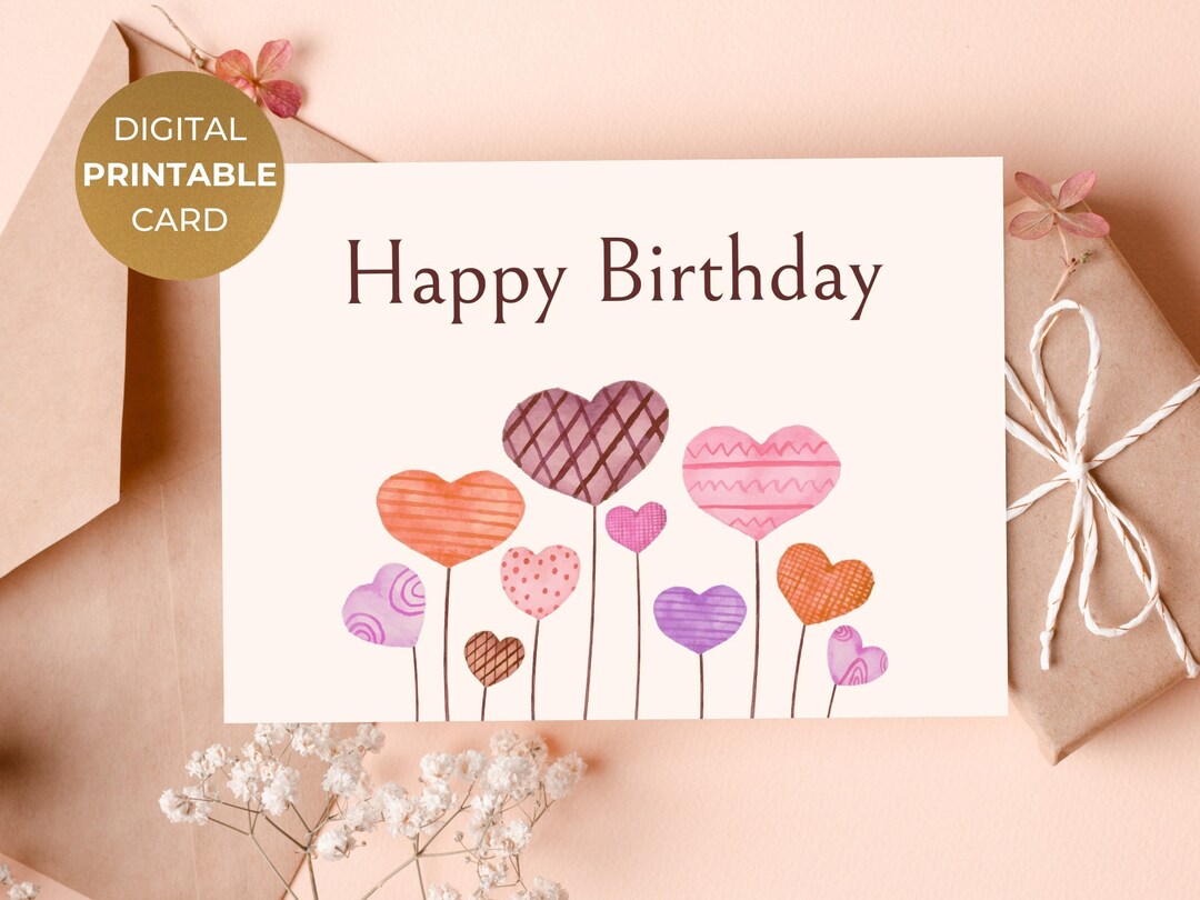 Printable Happy Birthday Card Heart Flowers, Digital Floral Hearts ...