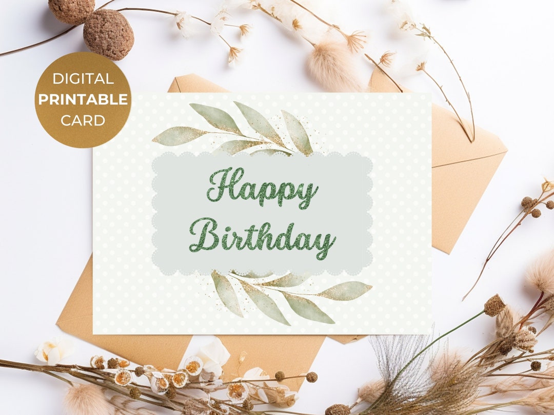Printable Happy Birthday Card Green Gold Leafs, Digital Printable ...