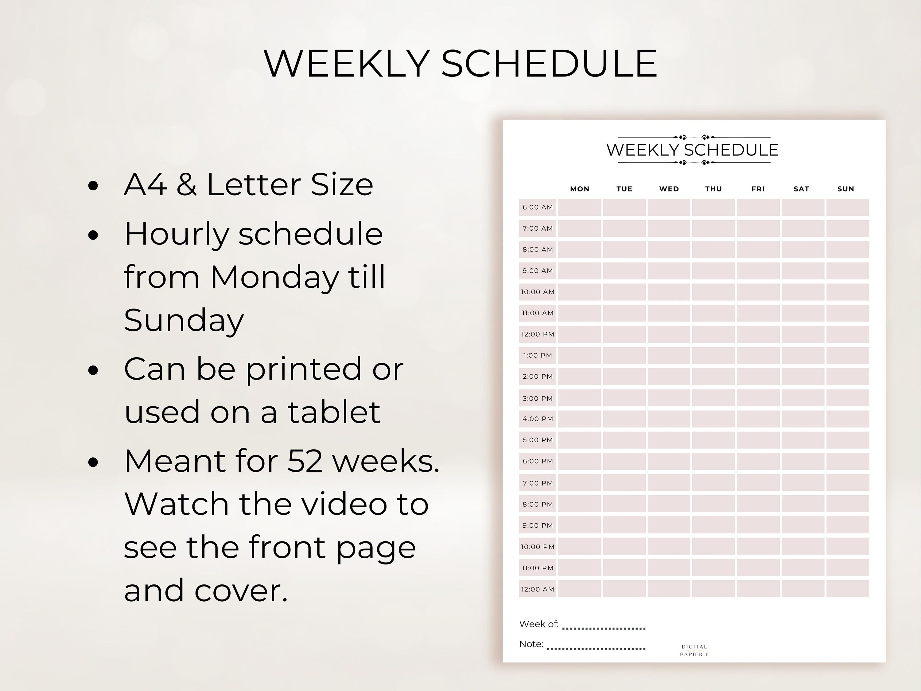 Hourly Weekly A4 & Letter Size Schedule and Task Digital Planner With ...