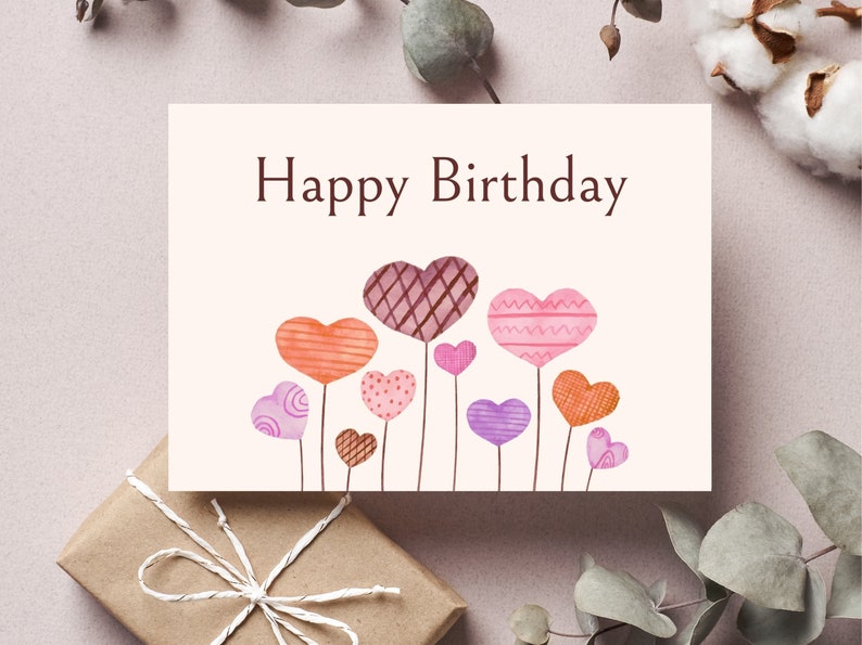 Printable Happy Birthday Card Heart Flowers, Digital Floral Hearts ...