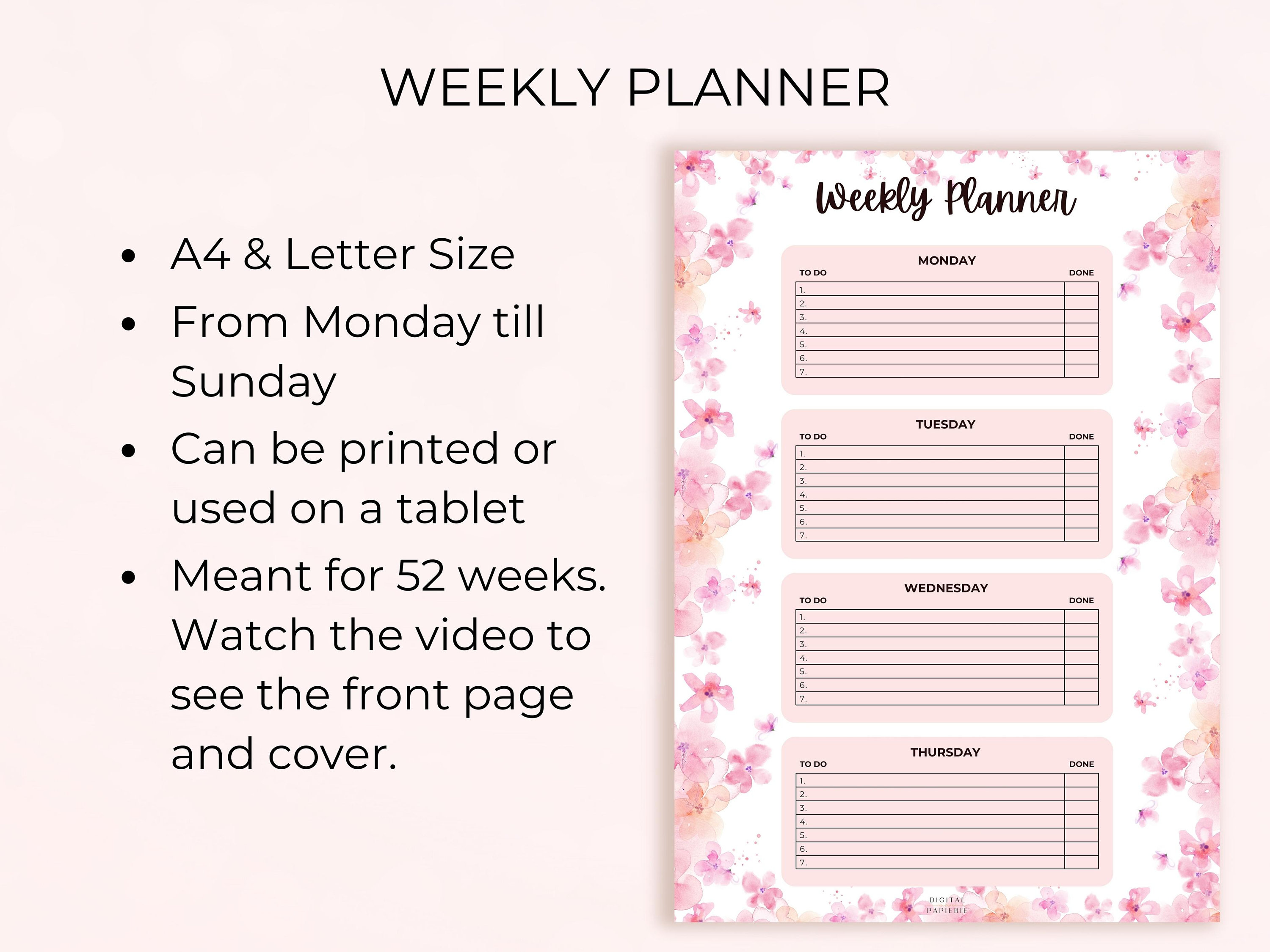 Pink Flowers Border Weekly A4 & Letter Size Schedule/ Task/ to Do ...