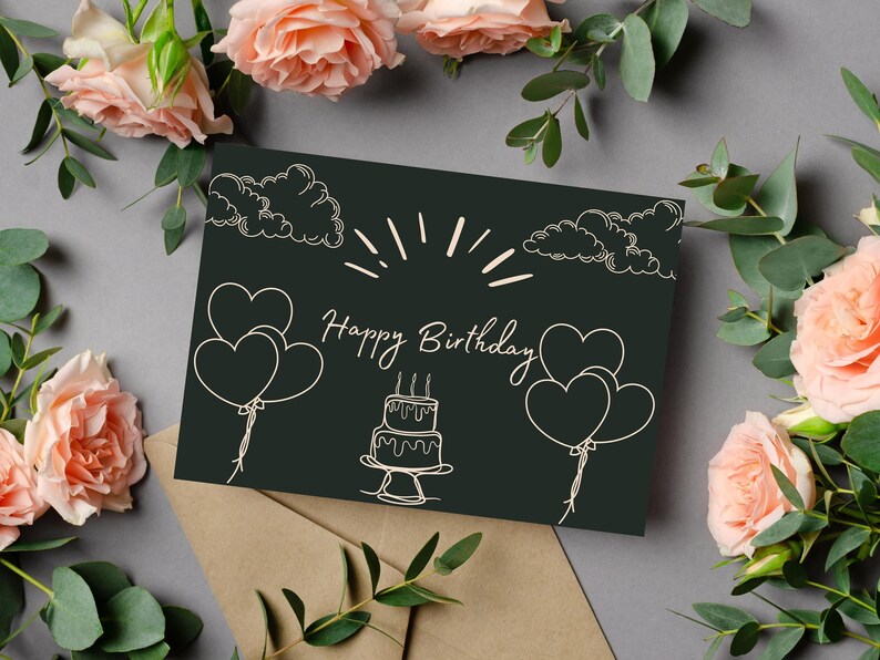 Printable Happy Birthday Card Line Art Cake, Balloons and Sky, Digital ...