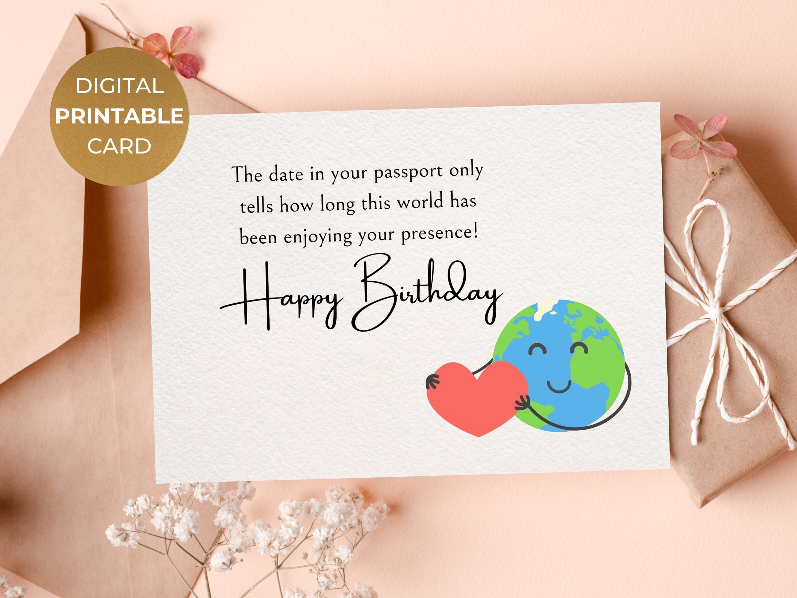 Printable Happy Birthday Card World Heart, Digital Funny Text Wish ...