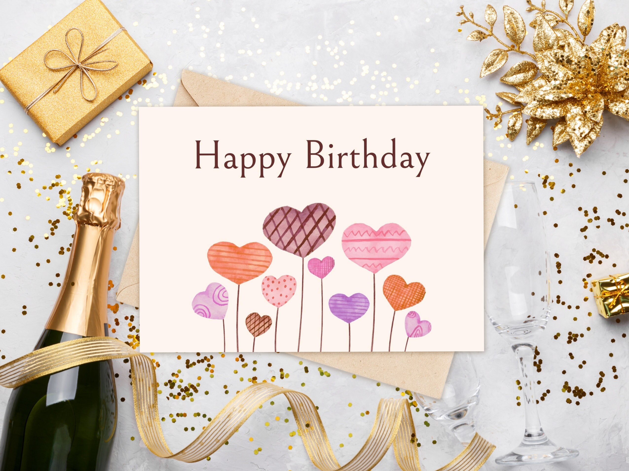 Printable Happy Birthday Card Heart Flowers, Digital Floral Hearts ...